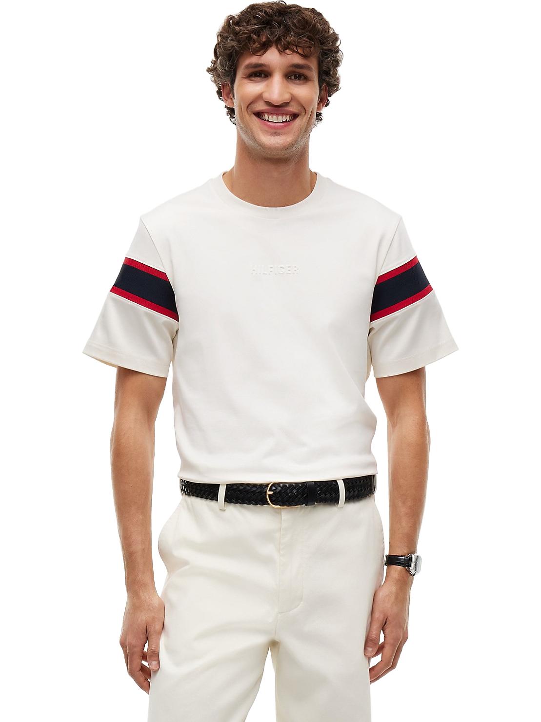 TOMMY HILFIGER men's varsity stripe interlock t-shirt -